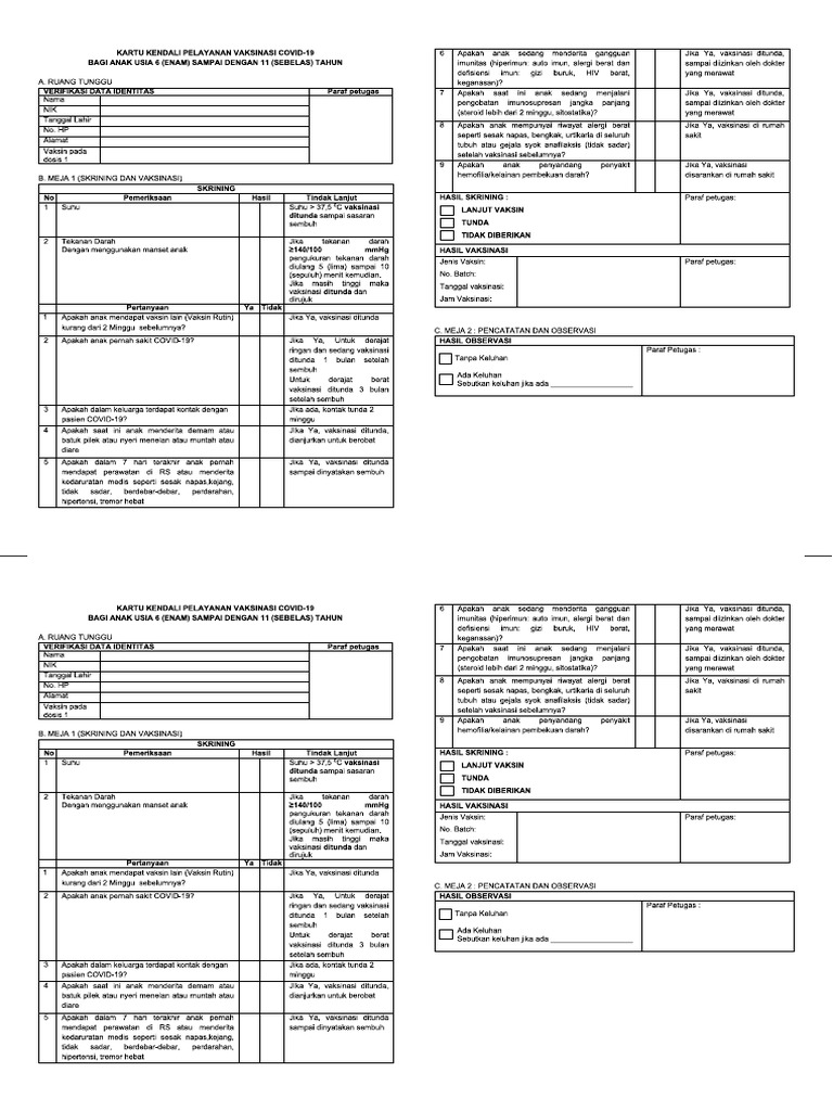 Lembar Screening Vaksin Anak | PDF