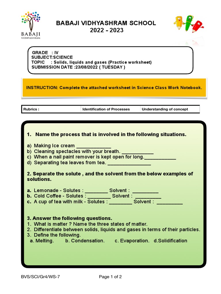 Practice Worksheet Grade 4 (18 - 08 - 22) | PDF | Materials Science ...