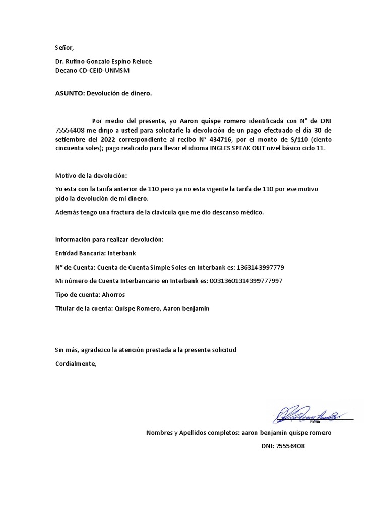 Plantilla de Solicitud de Devolución de Dinero | PDF