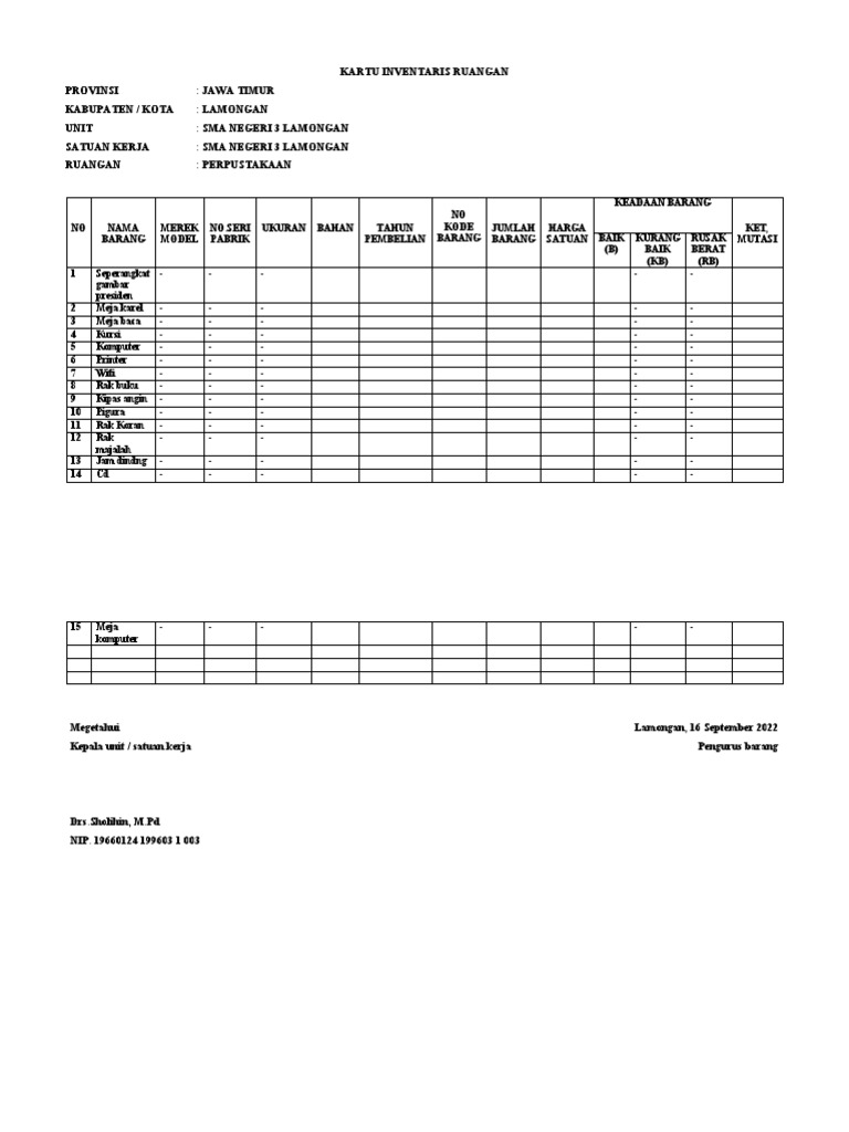 Kartu Inventaris Ruangan | PDF