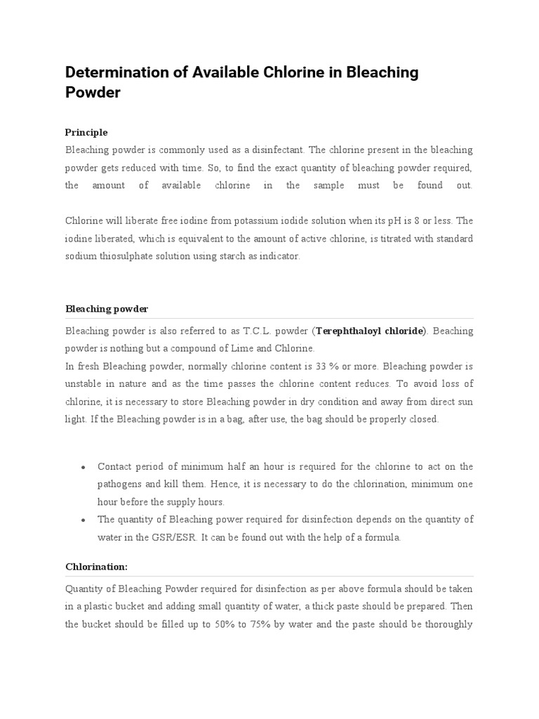 Determination of Available Chlorine in Bleaching Powder | PDF