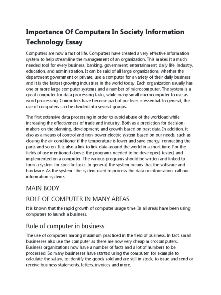 Importance of Computers in Society Information Technology Essay | PDF ...
