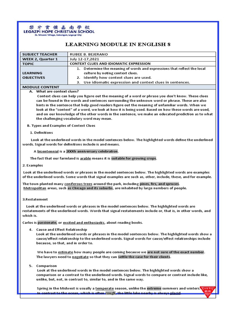Grade 8 Week 2 Context Clues | PDF | Phrase | Word