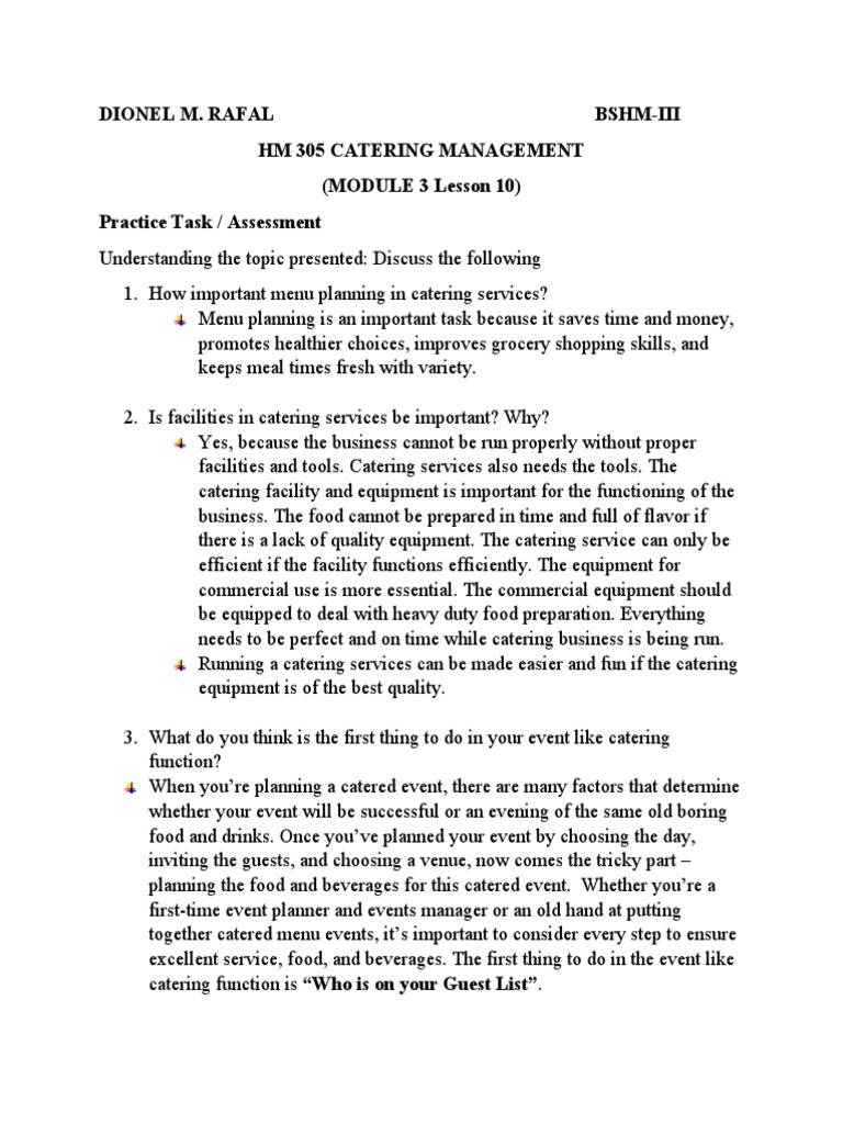 Dionel M. Rafal (HM305 Module 3 Lesson 10) | PDF | Foods | Menu