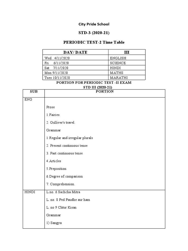 Class III Timetable Syllabus Periodic Test 2 | PDF | Linguistics