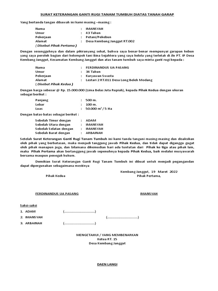 Surat Keterangan Ganti Rugi Tanam Tumbuh Diatas Tanah Garap | PDF