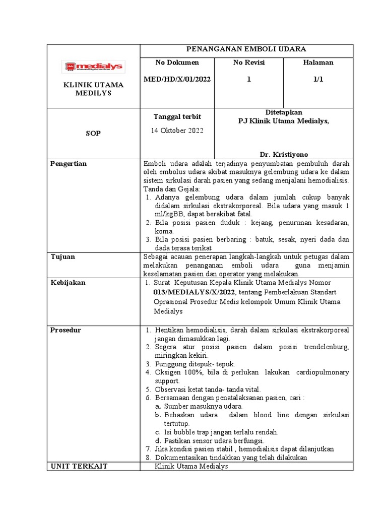 Penanganan Emboli Udara dalam Hemodialisis | PDF
