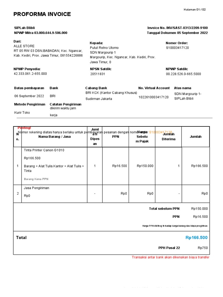 Proforma Invoice Tinta Printer Canon | PDF