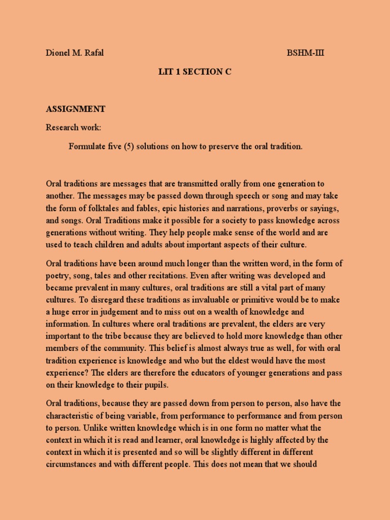 Dionel M. Rafal LIT 1 (Assignment 2) | PDF | Tacit Knowledge | Traditions