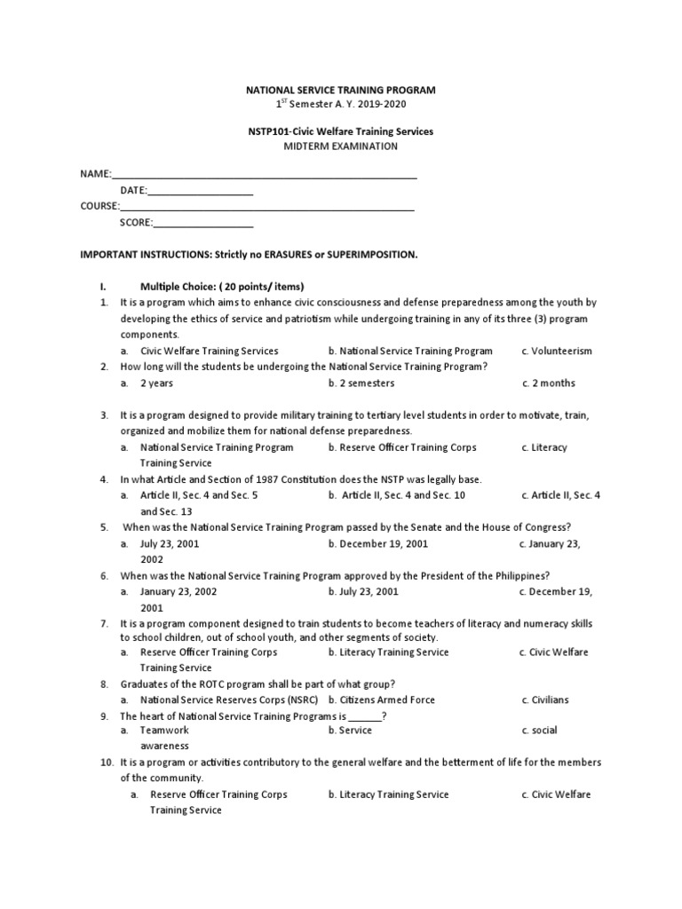 NSTP Midterm Exam Guide 2019-2020 | PDF | Reserve Officers' Training Corps