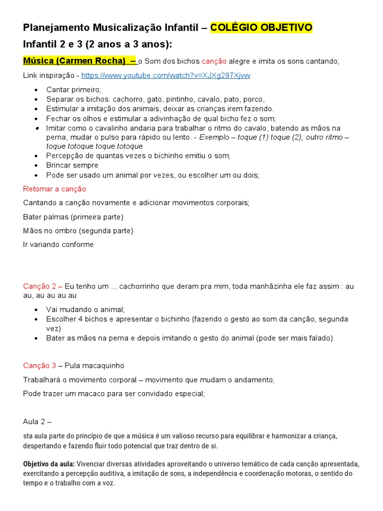 Aula 1 - Os Bichos Carmen Rocha (2 e 3 Anos) | PDF | Brinquedos | Ritmo