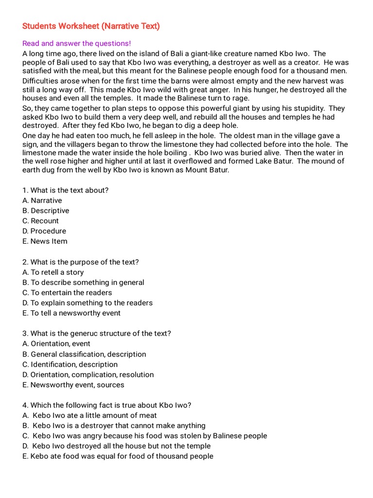 Students Worksheet (Narrative Text) | PDF | Bali