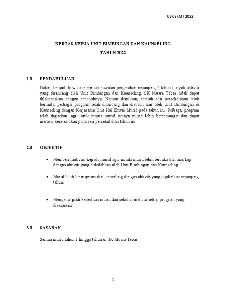 Kertas Kerja Unit Bimbingan Dan Kaunseling | PDF