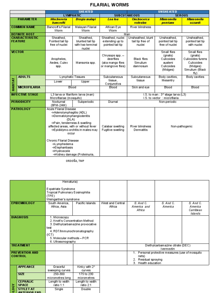 TABLE (Filarial Worms) | PDF | Medicine | Parasitology