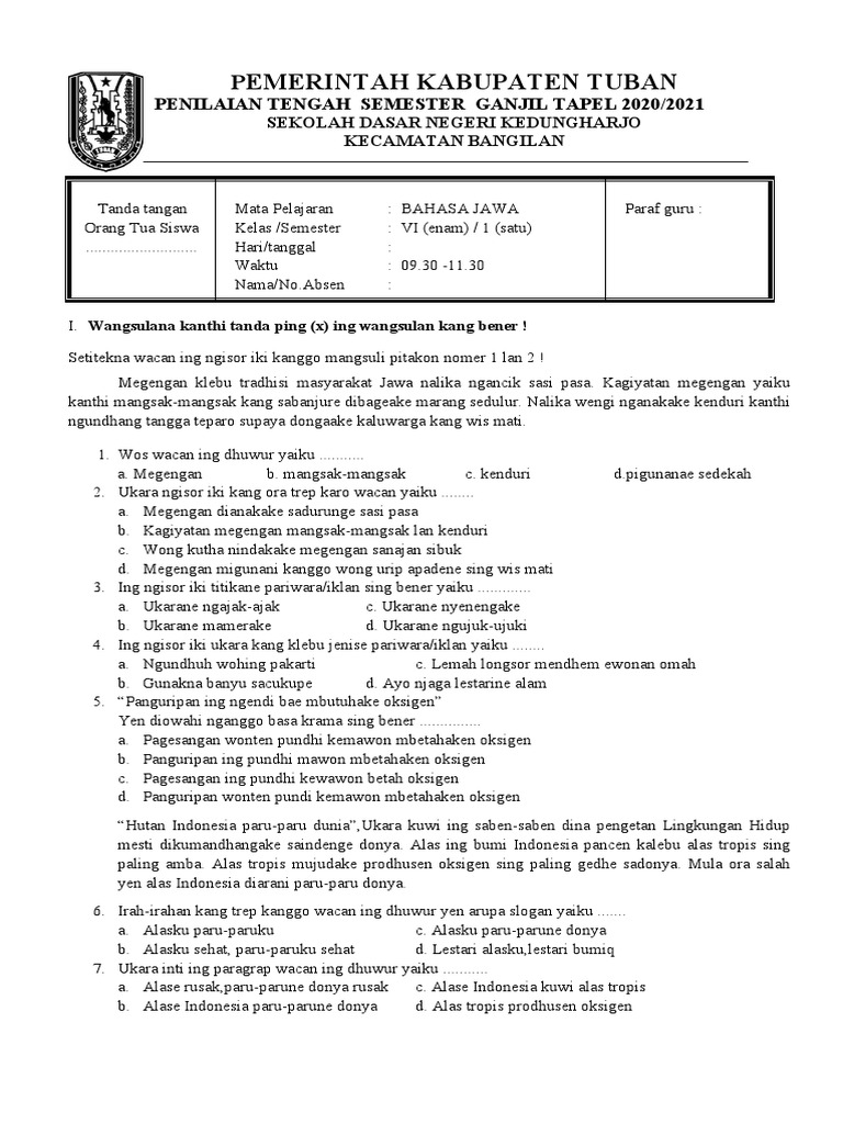 Soal Uts I B.jawa KLS 6 | PDF