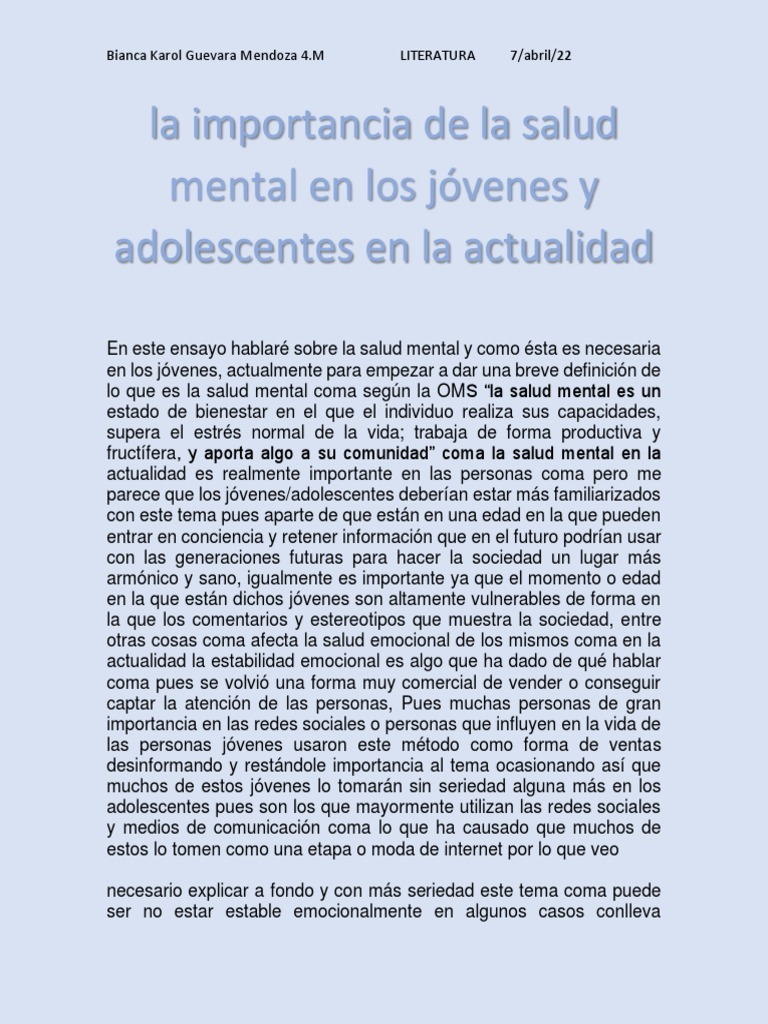 La Importancia de La Salud Mental en Los Jóvenes y Adolescentes en La ...