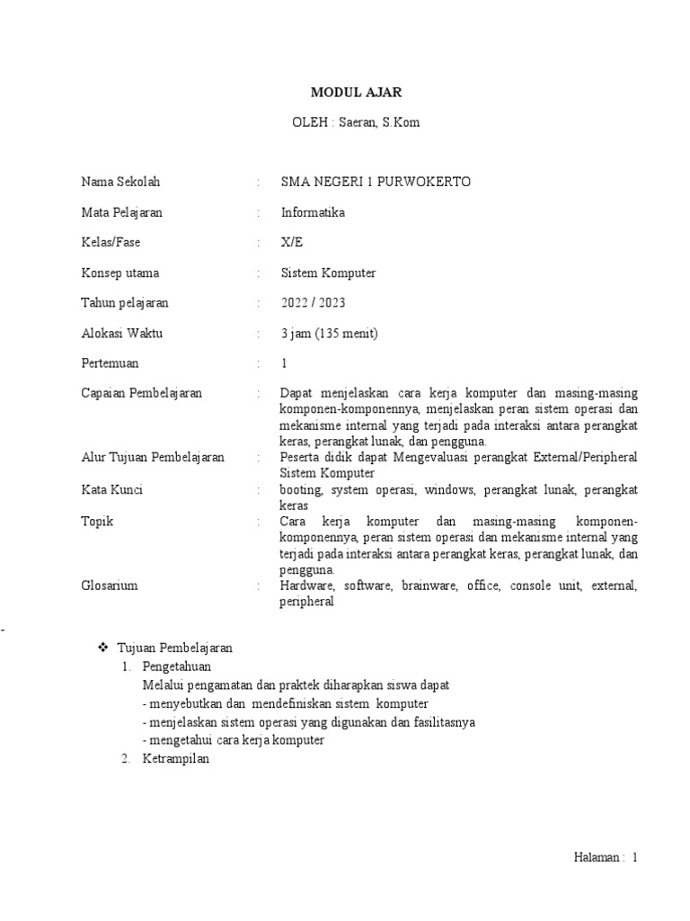 Modul Ajar Sistem Bkomputer Fase e Smansa PWT | PDF | Karier ...
