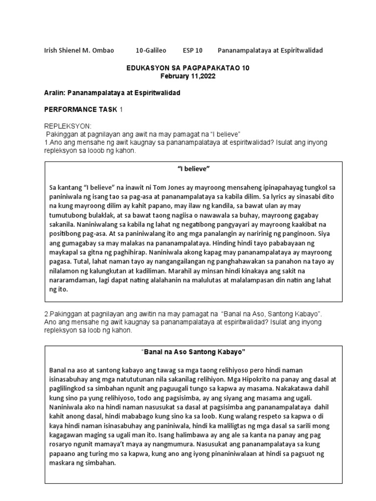 Irish Shienel M. Ombao Esp 10 Perf Task Pananampalataya at ...