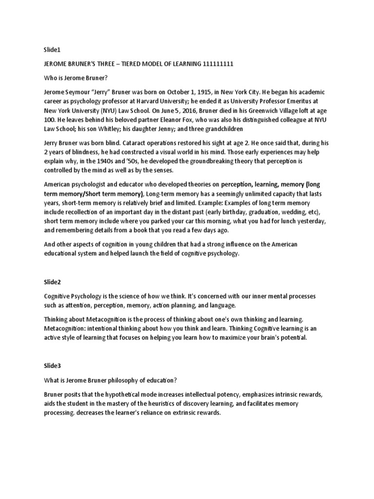 Bruner's Three-Tiered Learning Model | PDF | Learning | Memory