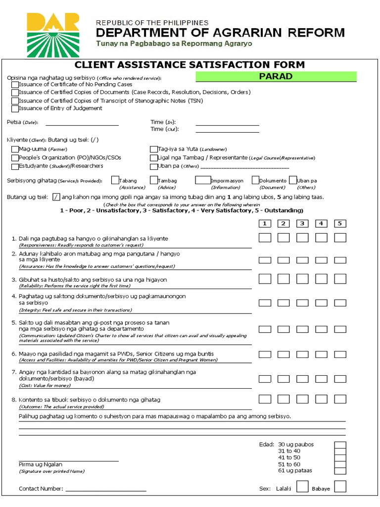 Client Assistance Satisfaction Form _DARPO Cebu_PARAD_2022 | PDF