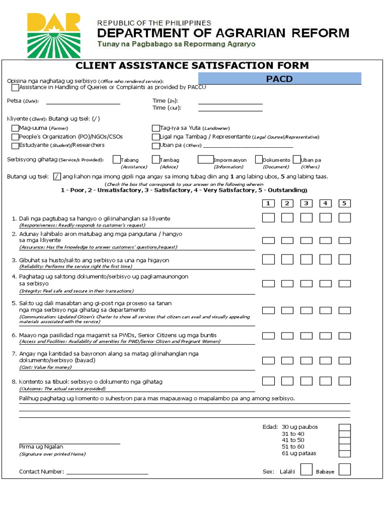 Client Assistance Satisfaction Form _DARPO Cebu_PACD (1) | PDF