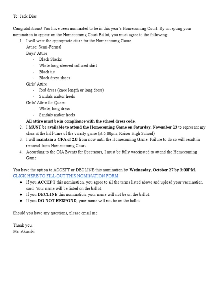 2021 Homecoming Court Nomination Letter | PDF