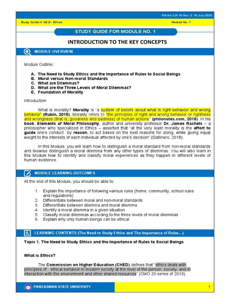 GE 8 Ethics Study Guide For Module 1 Updated - 09192022 | PDF | Morality | Reason