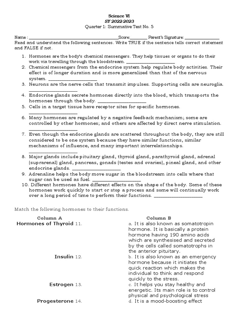 Science 6 q1 st5 | PDF | Hormone | Endocrine System
