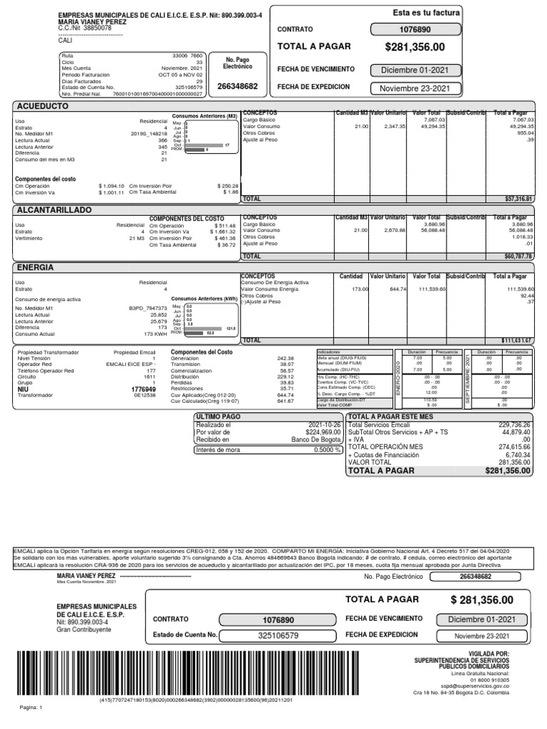 Recibo Emcali Octubre | PDF | Cantidades fisicas | Poder (Física)