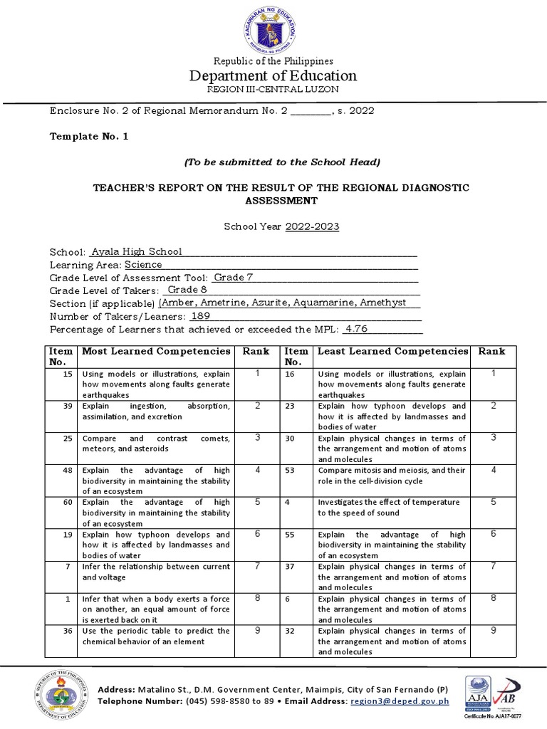 TEACHERS-REPORT-ON-THE-RESULTS-OF-THE-REGIONAL-DIAGNOSTIC-ASSESSMENT in ...