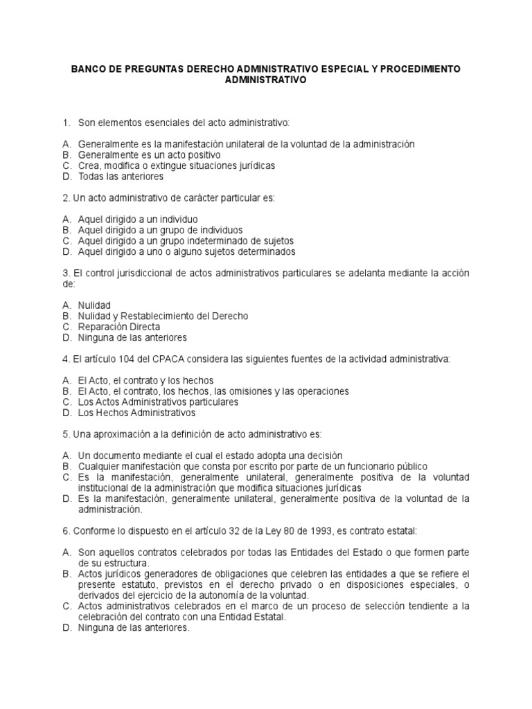 Banco de Preguntas Derecho Administrativo Especial y Procedimental | Descargar gratis PDF ...