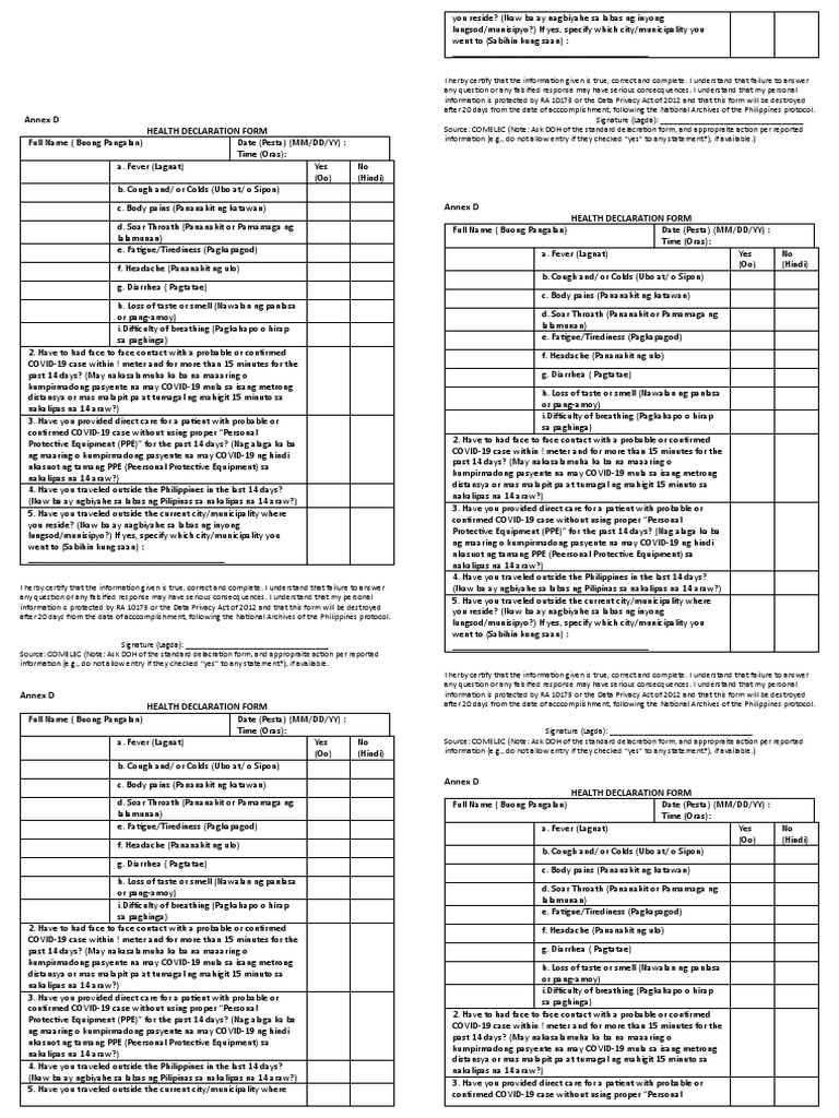 Annex D Health Declaretion Form | PDF | Public Health | Clinical Medicine