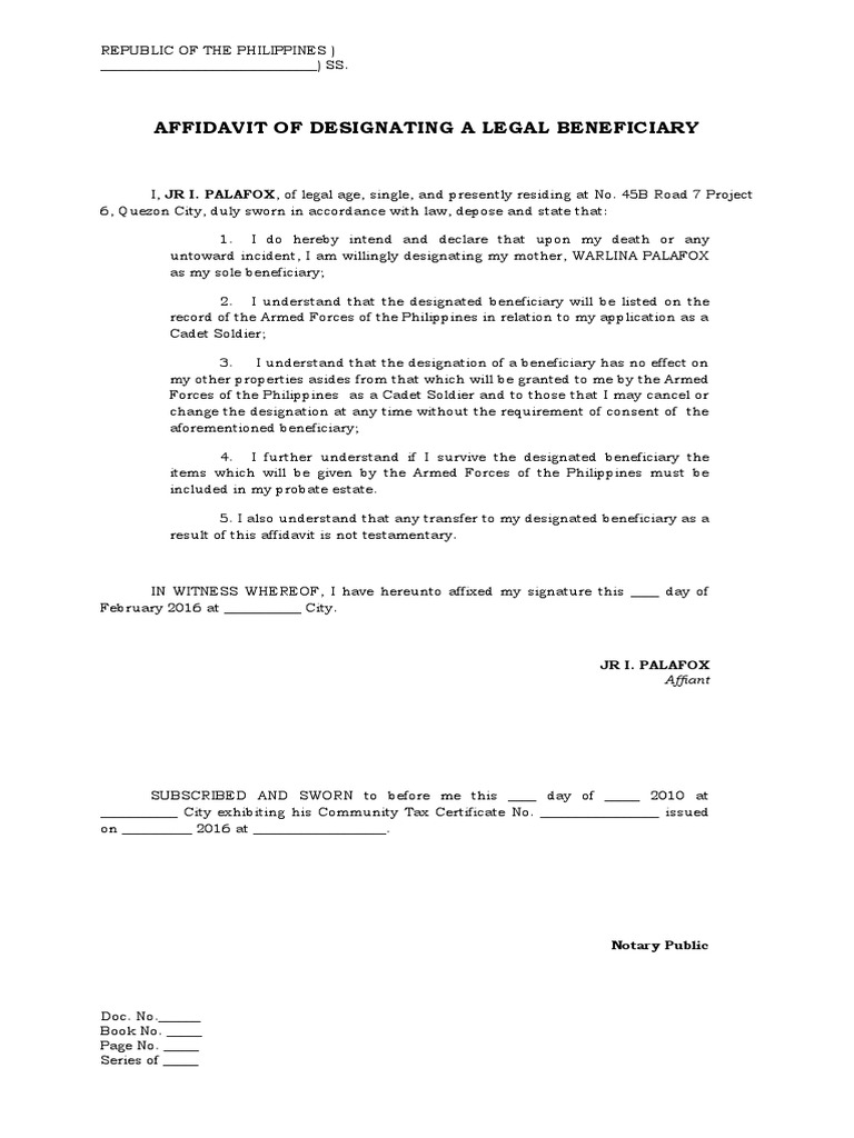 Cadet Soldier Beneficiary Affidavit | PDF | Politics | Social Science