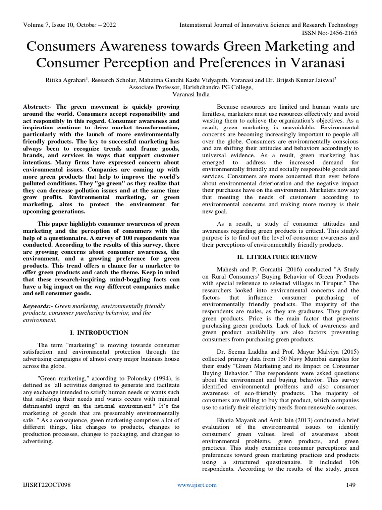 Consumers Awareness Towards Green Marketing and Consumer Perception and ...