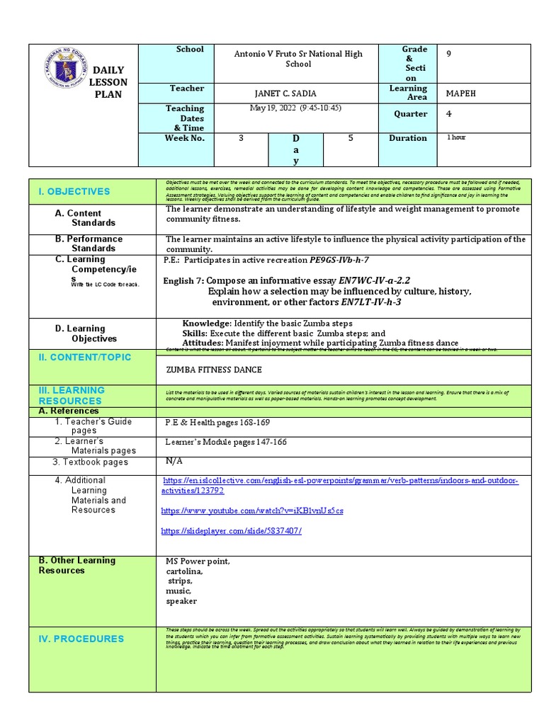 Dlp-Cot-Q4-Zumba Fitness Dance | PDF | Learning | Teaching Method