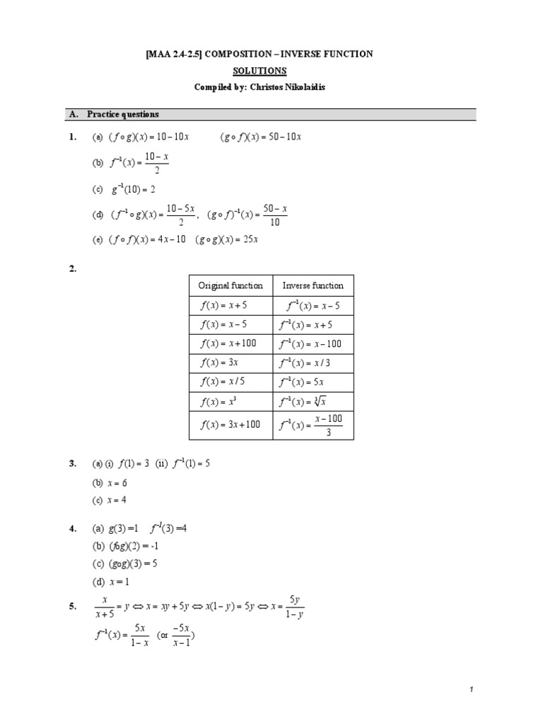 (MAA 2.4-2.5) COMPOSITION - INVERSE FUNCTION - Solutions | PDF | Mathematical Objects | Applied ...