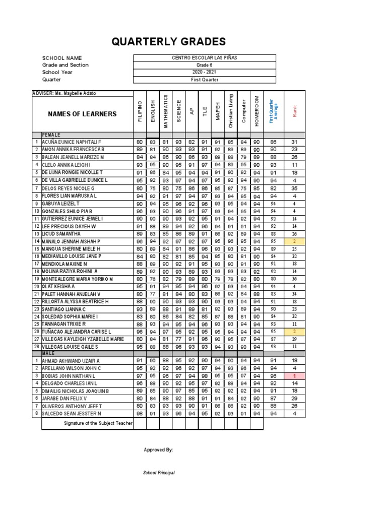 Grade 6 Mastersheet | PDF