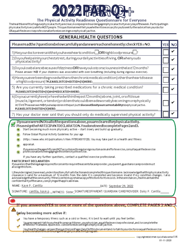 ParQ Plus Jan 2022 Fillable 1 2 | PDF | Wellness