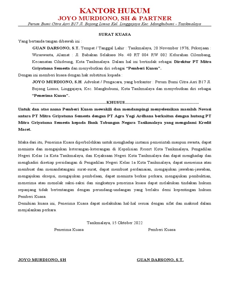 Surat Kuasa Guan Darsono | PDF