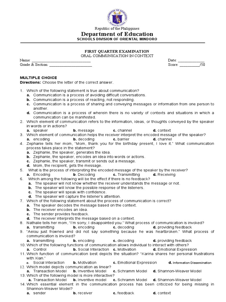 Oral Communication Exam Guide | PDF | Communication | Nonverbal ...