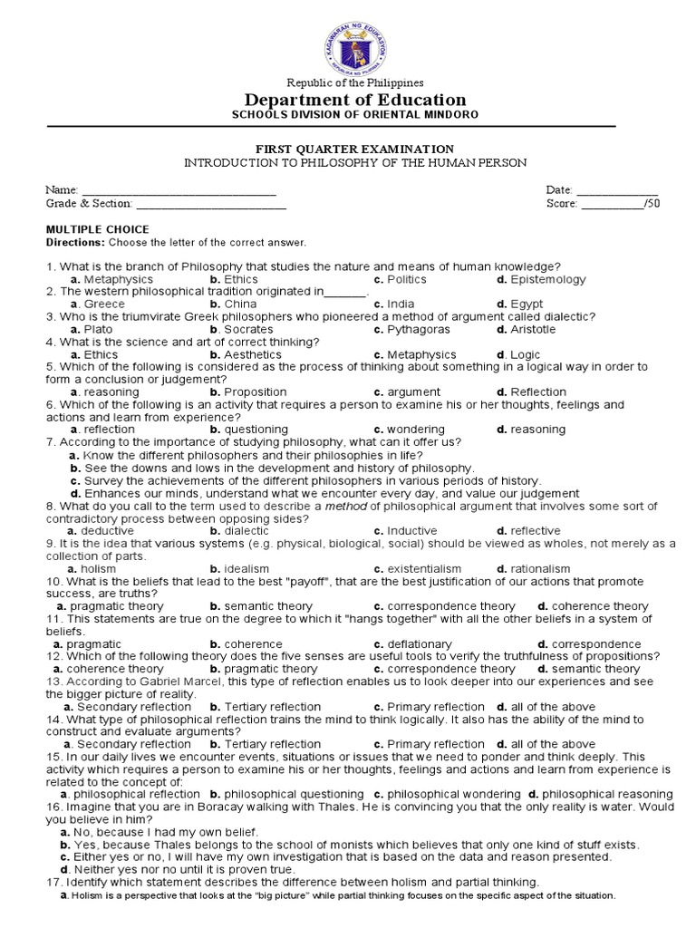 1st Quarter Exam - Philosophy | PDF | Reason | Logic