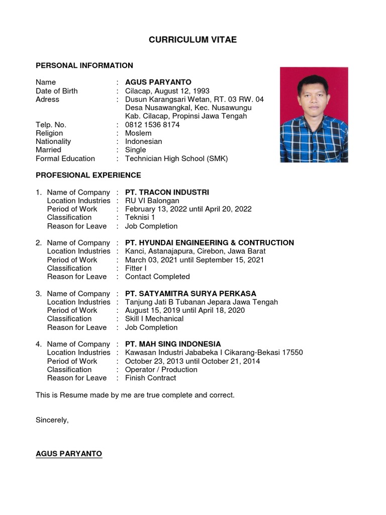 CV Agus Paryanto | PDF