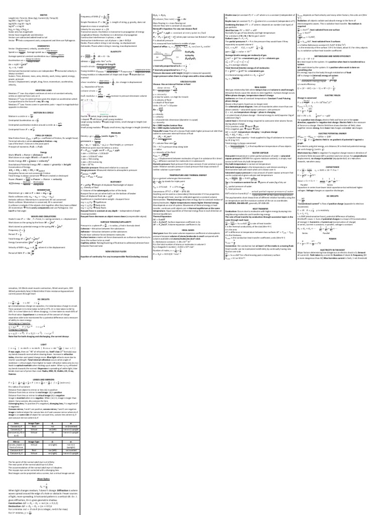 Physics Cheat Sheet | PDF | Force | Gases