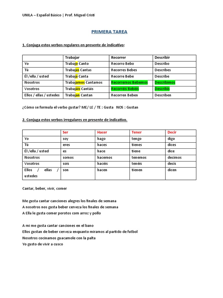 Conjugacin y Ejercicios Del Presente Indicativo | PDF | Verbo
