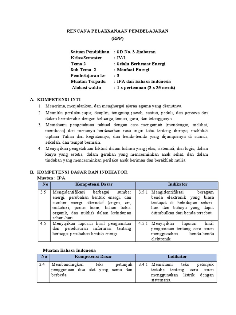 RPP Kelas 4: Manfaat Energi | PDF | Karier & Perkembangan | Kesehatan Holistik