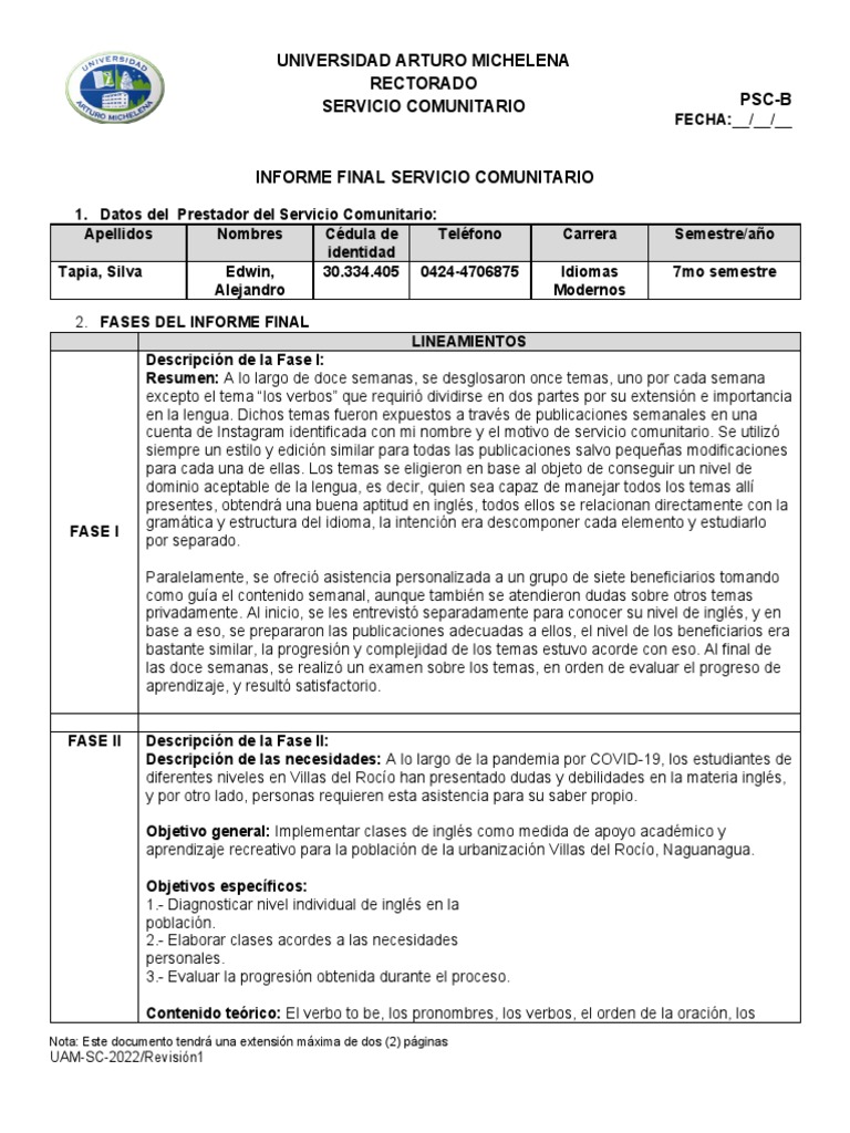 INFORME FINAL de Servicio Comunitario | PDF | Verbo | Ciencia cognitiva INFORME FINAL de Servicio Comunitario | PDF | Verbo | Ciencia cognitiva