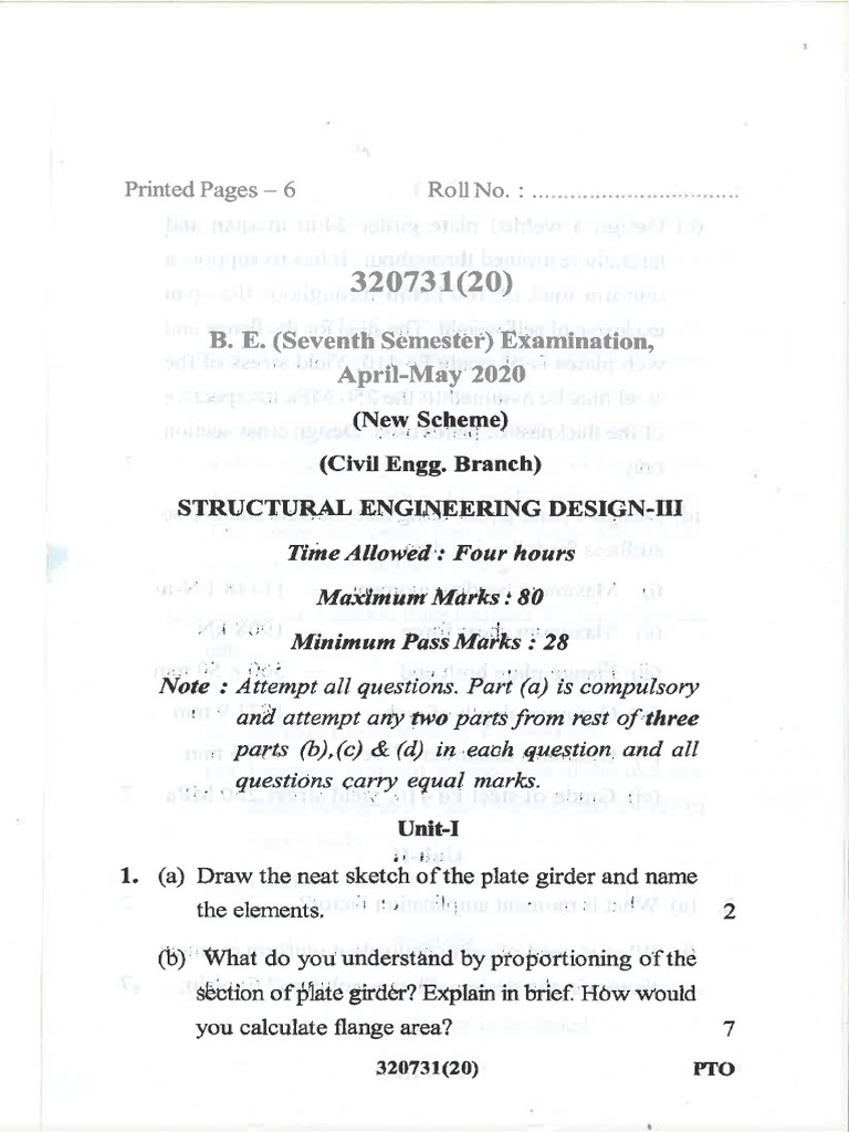 Be Ce 7 Sem Structural Engineering Design 3 320731 May 2020 | PDF