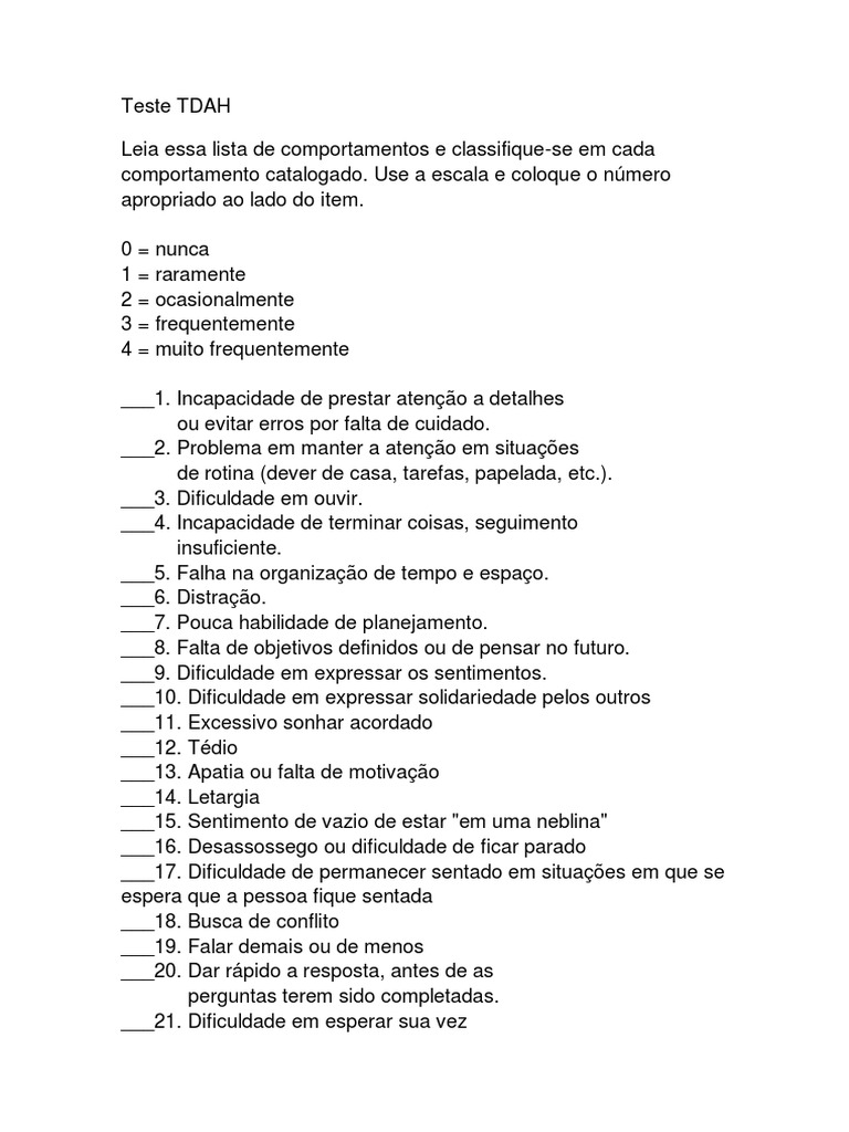 Teste TDAH | PDF | Transtorno de déficit de atenção e hiperatividade ...