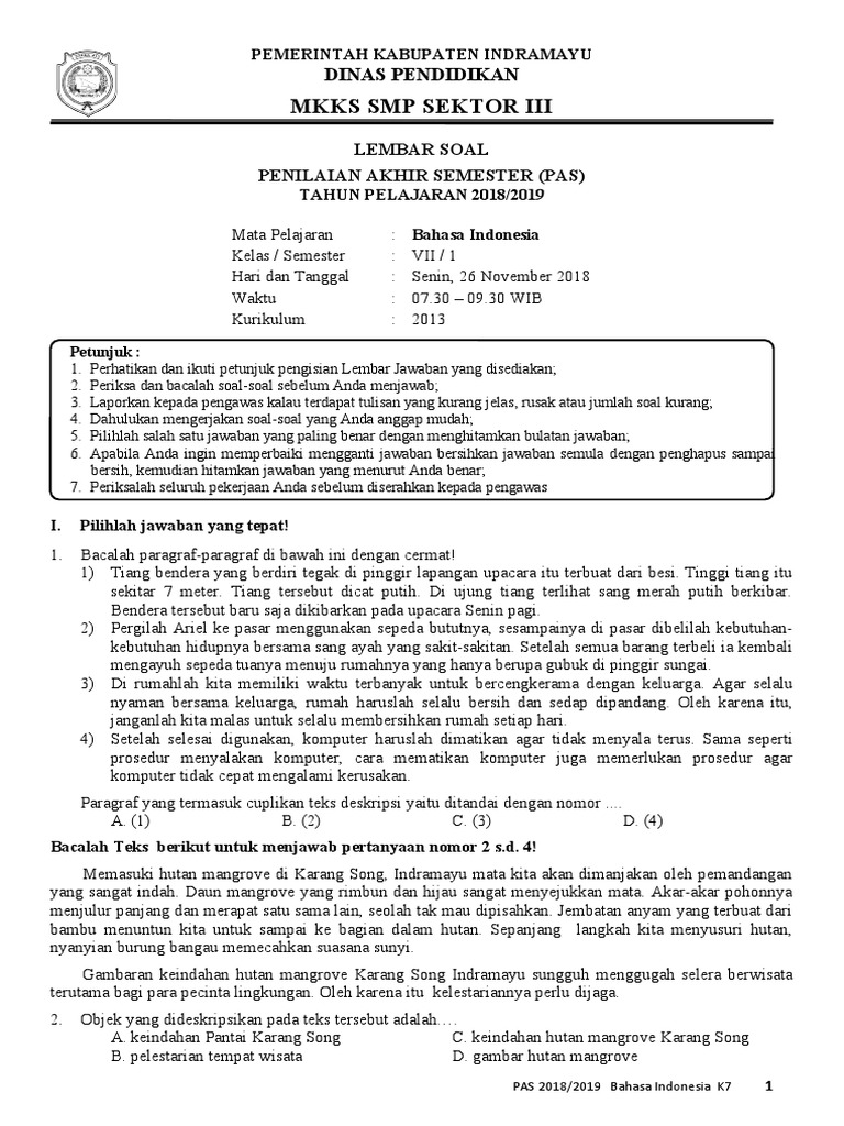 1-SOAL PAS BINDO 7 K13 Edit | PDF