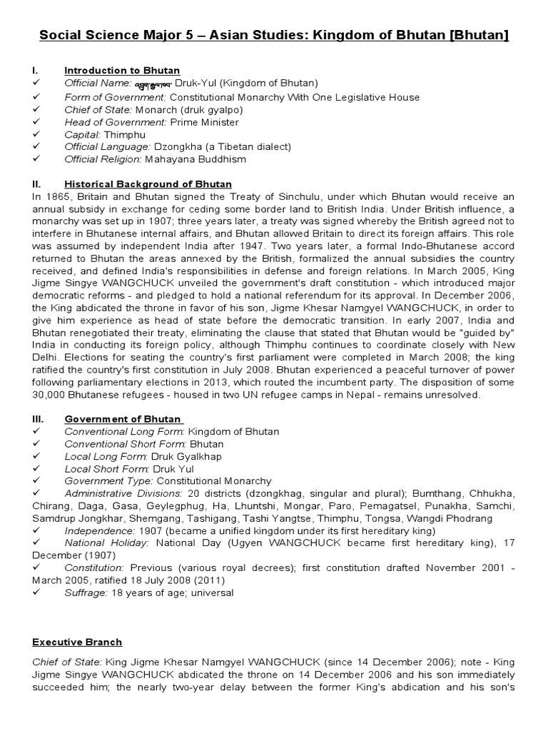 Social Science Major 5 - Bhutan | PDF | Bhutan | Government